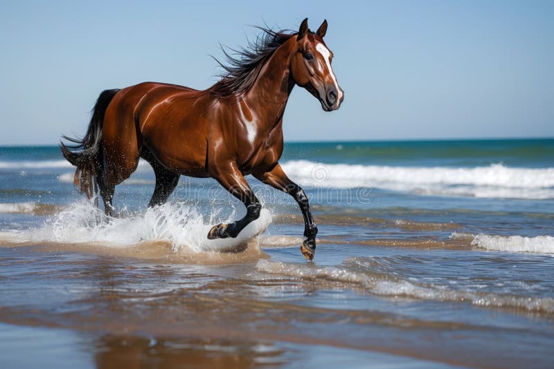 Horse Running, Splashing Water on a Sunny Beach Stock Photo - Image of ...