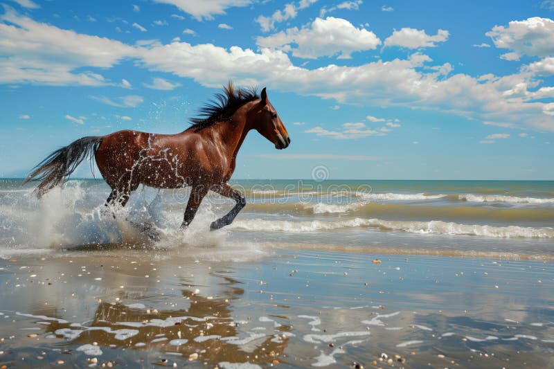 Horse Running, Splashing Water on a Sunny Beach Stock Photo - Image of ...