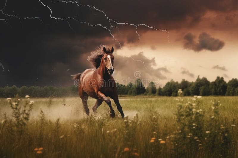 A Horse Runs Quickly through a Meadow in Stormy Weather. Generation AI ...
