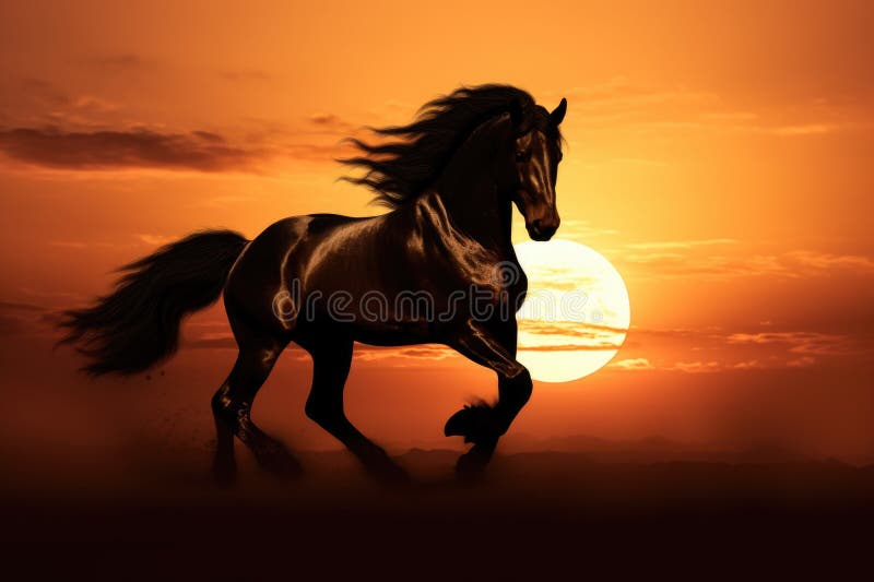 A Horse Runs Towards the Rising Sun, with Its Mane and Tail Flowing in ...