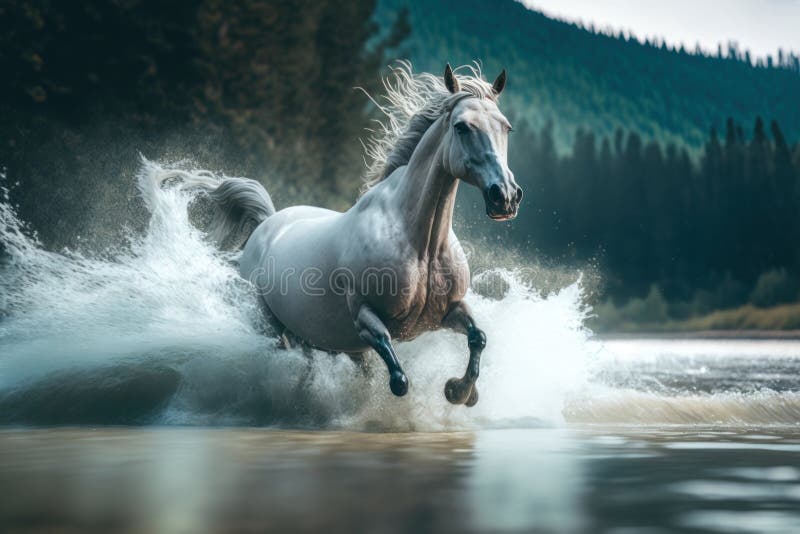Horse Runs through the Water with Many Big Splashes. AI Generative ...