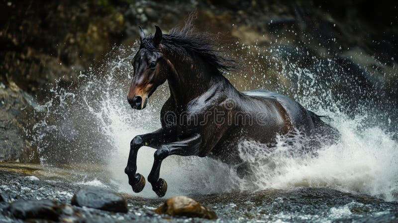 Horse Splashing through Water, Dynamic Movement, Nature Scene Stock ...