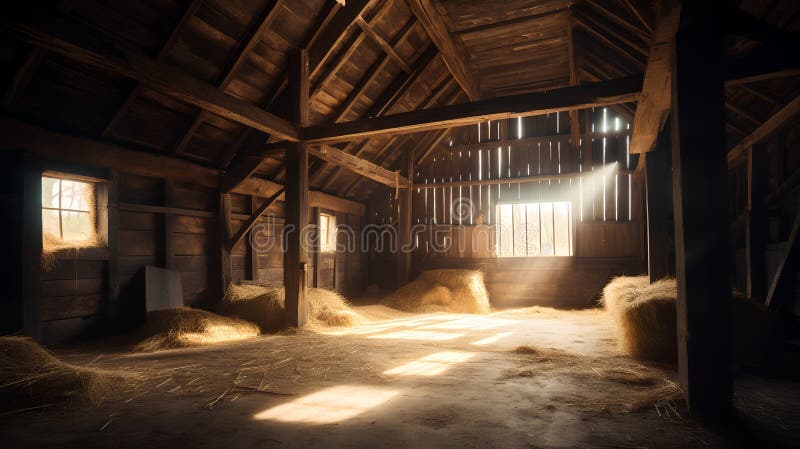 Horse Stable Interior with Hay Bales and Sunbeam. 3D Rendering Stock Illustration - Illustration ...