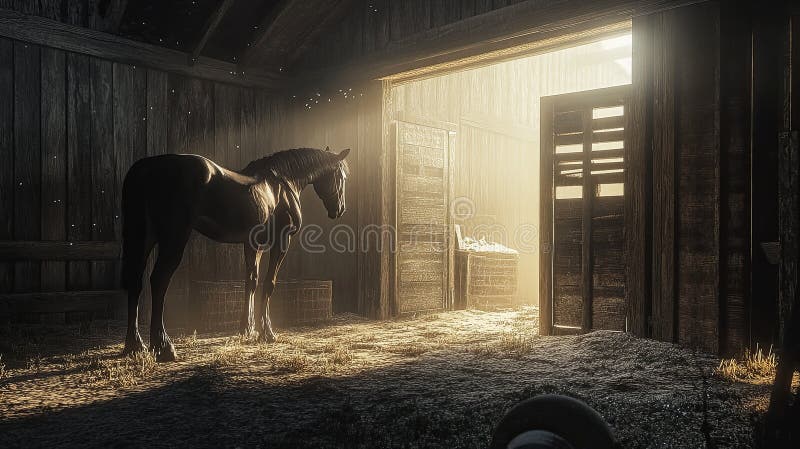 Horse in Stable, Realistic, Cinematic Light, Sharp Focus. Stock Image ...