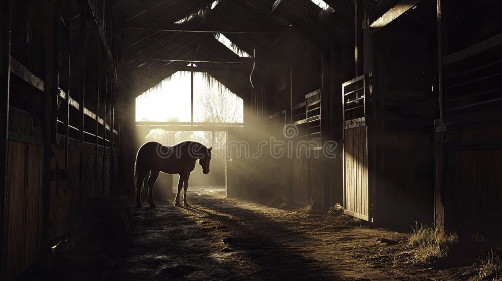 Horse in Stable, Realistic, Cinematic Light, Sharp Focus. Stock Photo ...