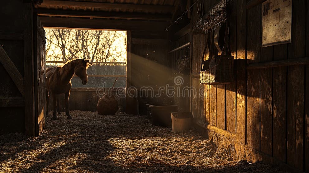 Horse in Stable, Realistic, Cinematic Light, Sharp Focus. Stock Image ...