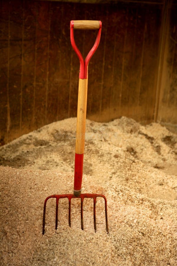 Horse Stable Witth Straw Fork Tool, Sawdust Stock Photo - Image of ...