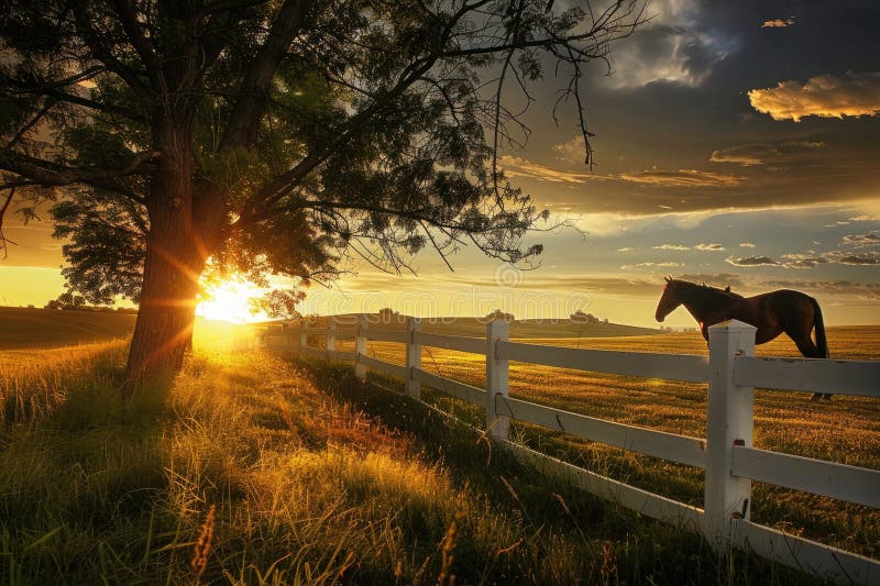Horse Standing in a Farm at Sunset Stock Illustration - Illustration of ...