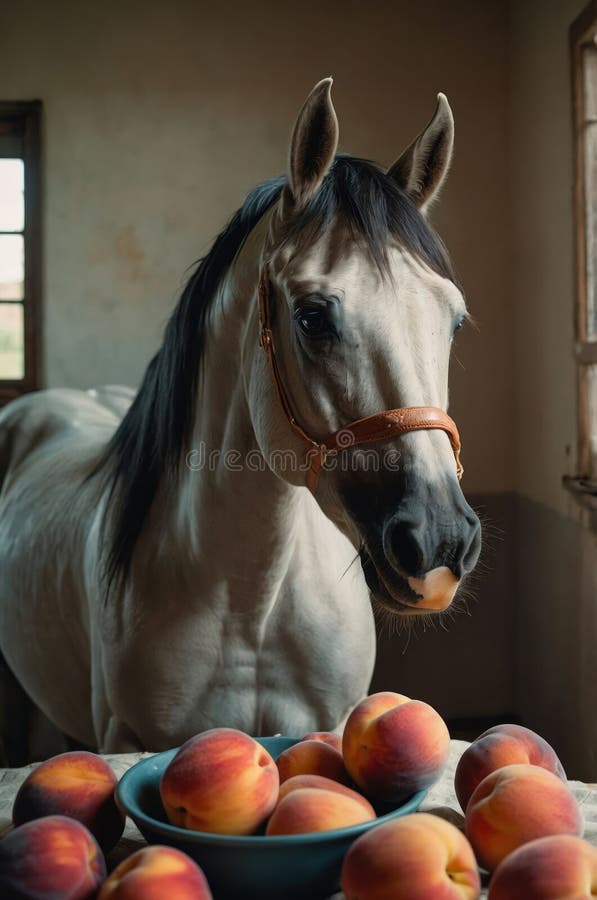 Elegant Grey Horse with Peaches in Rustic Barn Stock Illustration ...