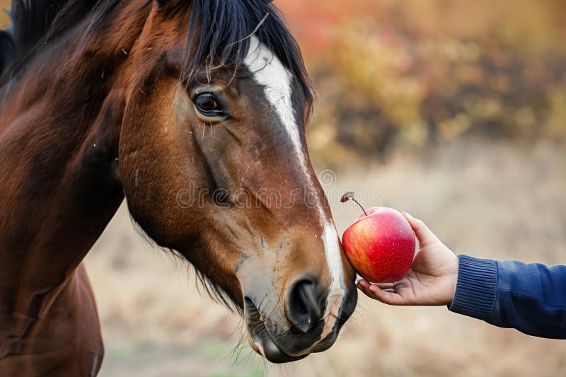 Horse Taking an Apple from a Persons Hand Stock Image - Image of care ...