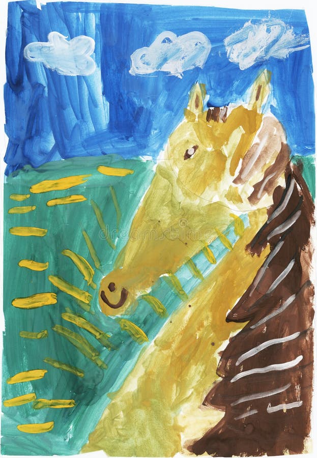 Horse Watercolor Drawing Original Kid`s Drawing Stock Image - Image of ...