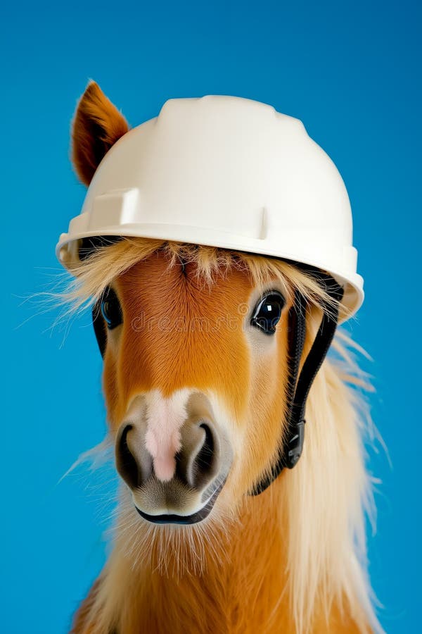 A Horse Wearing a Hard Hat on a Blue Background Stock Image - Image of ...