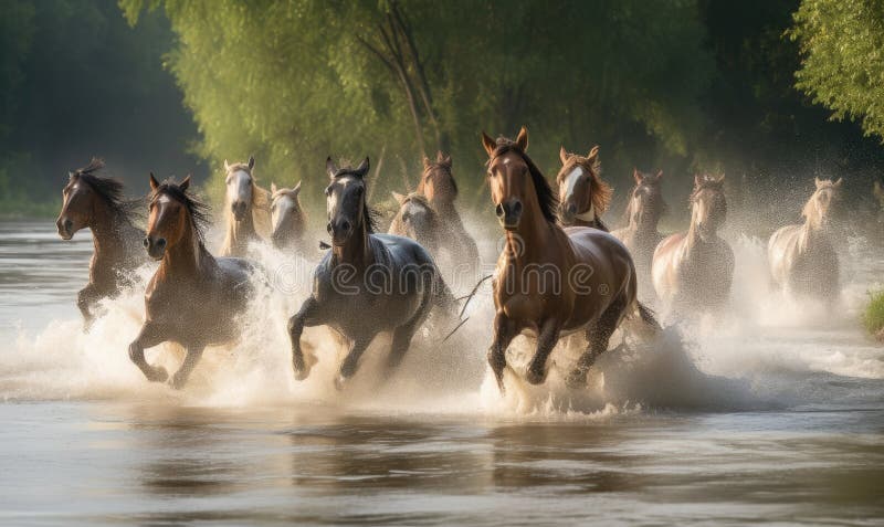Horseback Riders Splashing through the River Stock Illustration ...