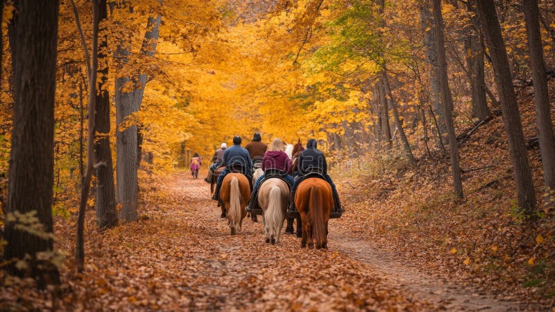 Horseback Riders Traverse a Fall Foliage-laden Forest Path Stock ...