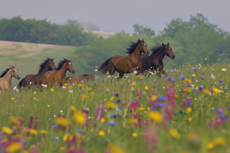 Horses Cantering Side by Side Across a Field of Wildflowers Stock Photo ...