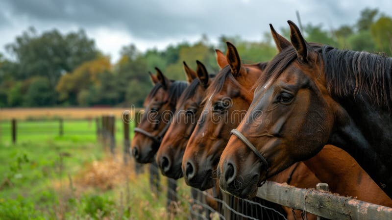 Horses at a fence stock image. Image of harness, horses - 366579963