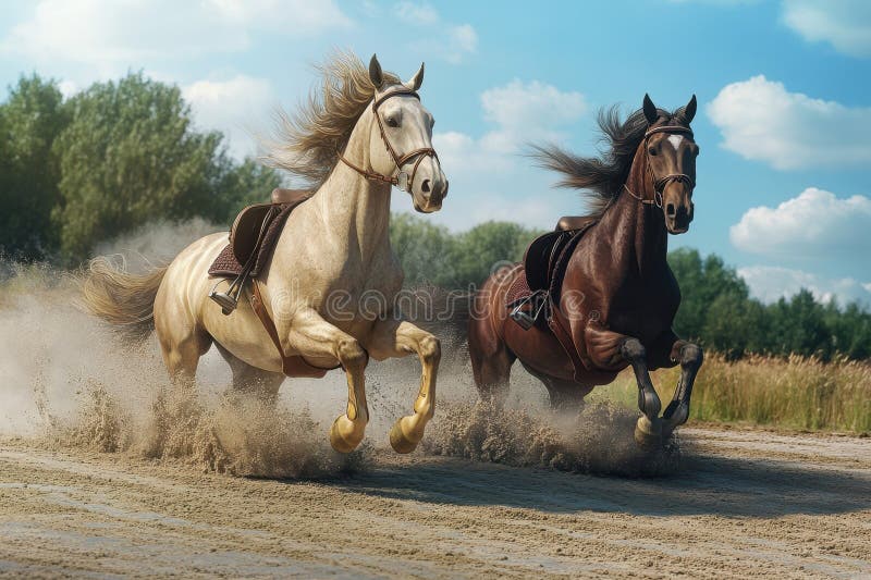 Horses Galloping at Full Speed through a Sunlit Landscape with Dust ...
