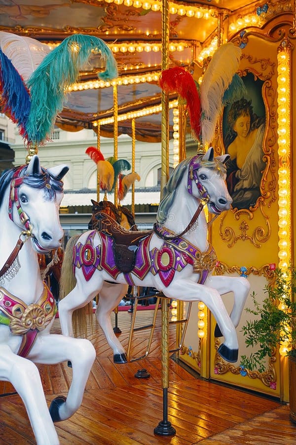Horses on an Old-style Carousel in Florence, Italy Stock Photo - Image ...