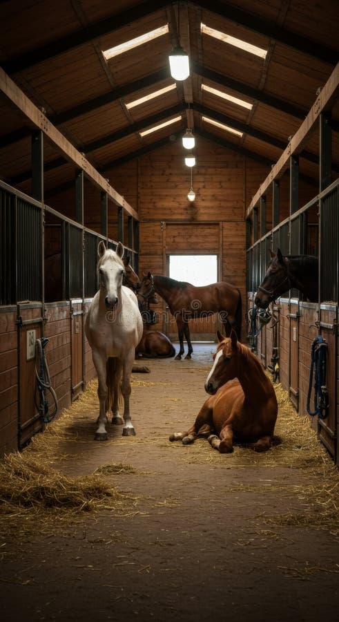 Horses Resting in a Rustic Wooden Stable Stock Illustration ...