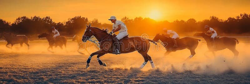 Horses and Riders Compete in a Sunset Polo Match, Displaying Equestrian ...