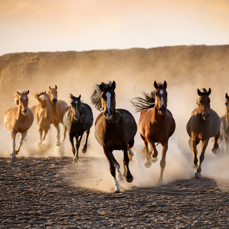 Horses run gallop in dust stock illustration. Illustration of dust ...