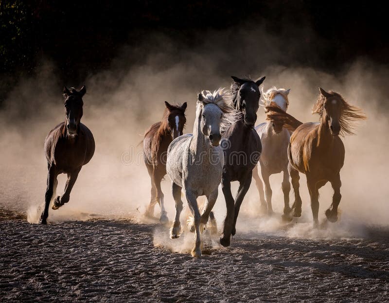 Horses run gallop in dust stock illustration. Illustration of horse ...