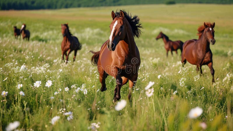 Horses Run Gallop in Flower Meadow. Generative Ai Stock Illustration ...