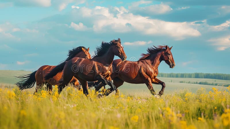 Horses Run Gallop in Flower Meadow. Generative Ai Stock Illustration ...