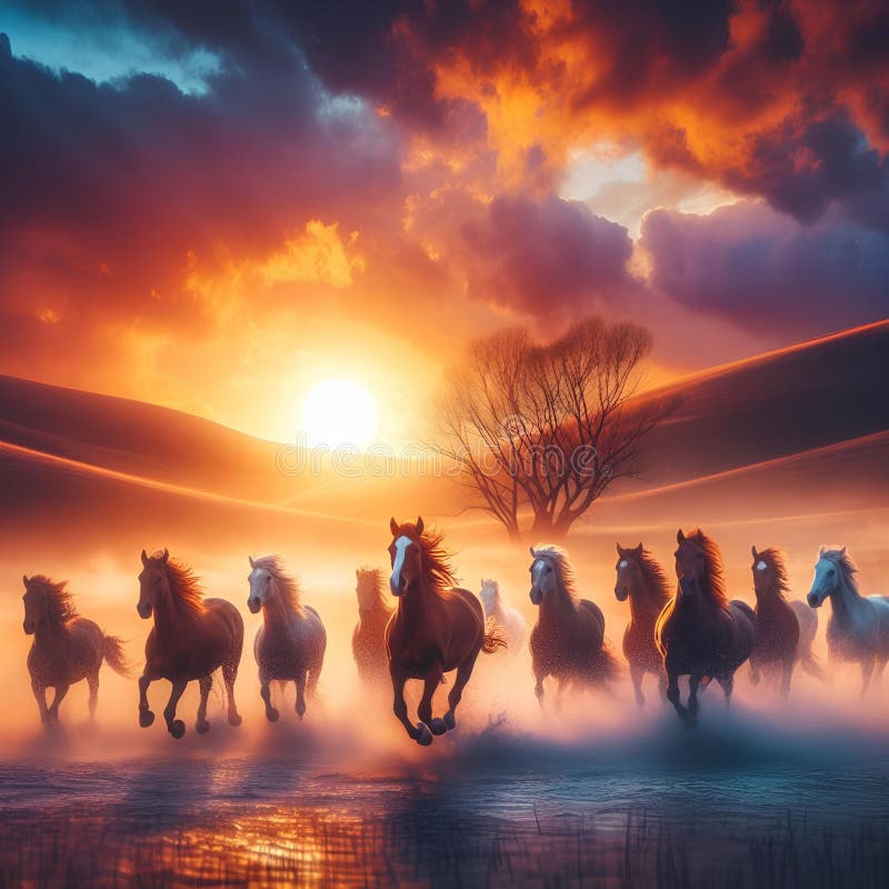 Horses Running Freely through the Fields Stock Illustration ...