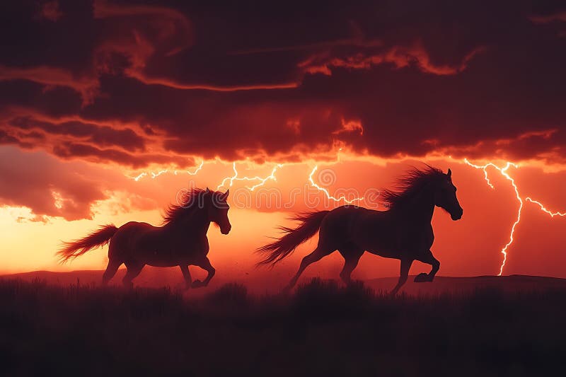 Horses Running Under a Dramatic Stormy Sky with Lightning Stock ...