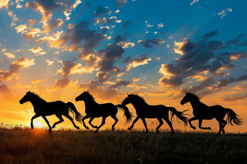 Silhouettes of Herd of Horses Galloping Across Field at Sunset Stock ...