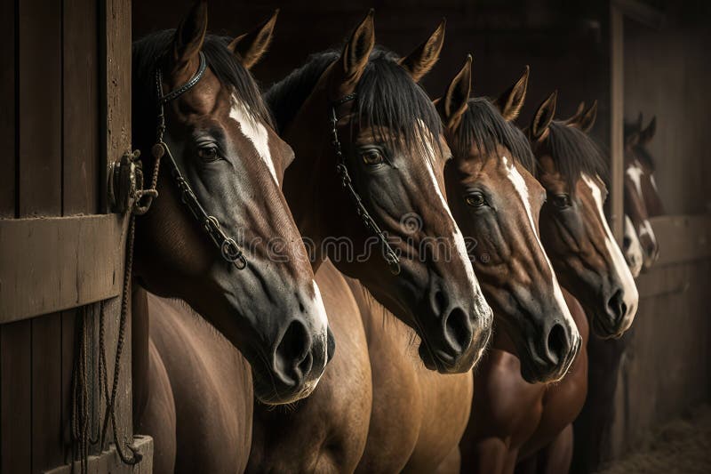 Horses in Stable Standing in Row, AI Generated Stock Image - Image of ...