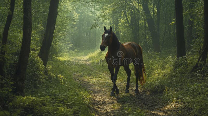 Horses Stroll Gracefully Down a Serene Forest Path Surrounded by Lush ...