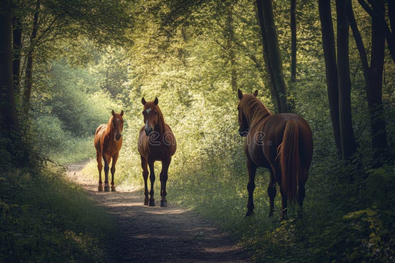 Horses Stroll Peacefully Down a Forest Path Surrounded by Lush Greenery ...