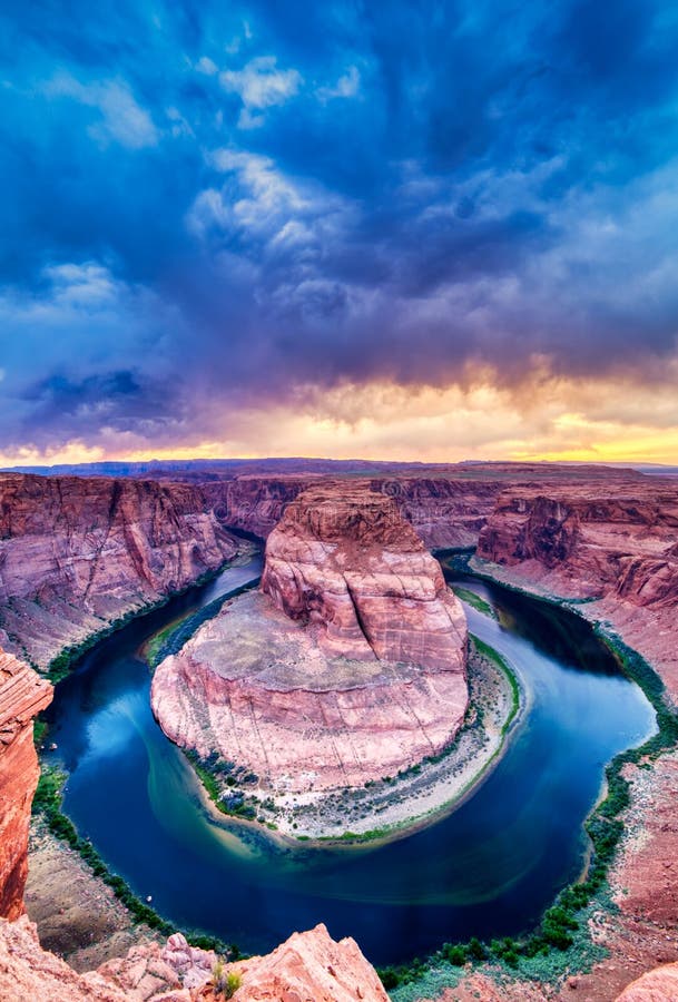 Horseshoe Bend On Colorado River At Sunset With Dramatic Cloudy Sky ...