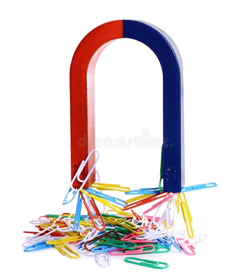 Horseshoe Magnet Attracting Paper Clips on White Background Stock Image ...