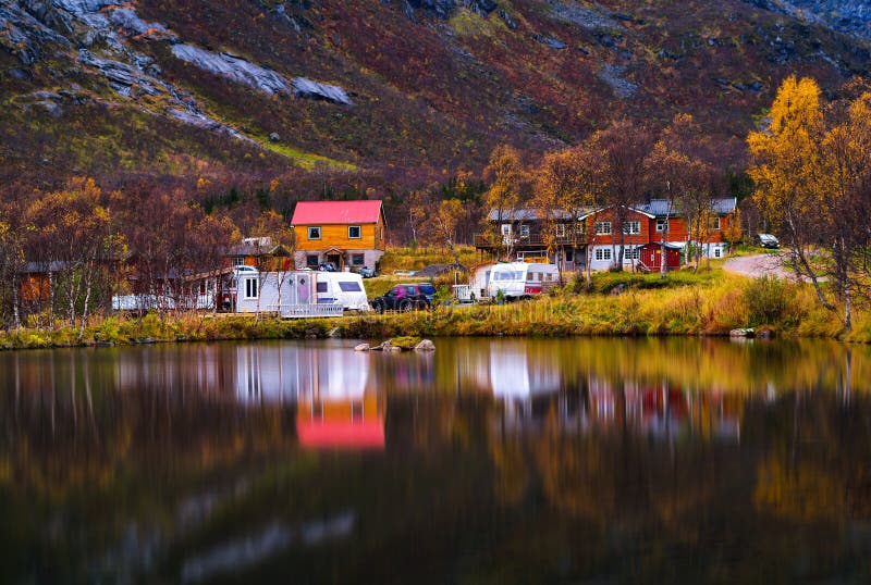 Horzontal Vivid Autumn Norway Camping Reflection Background Back Stock ...