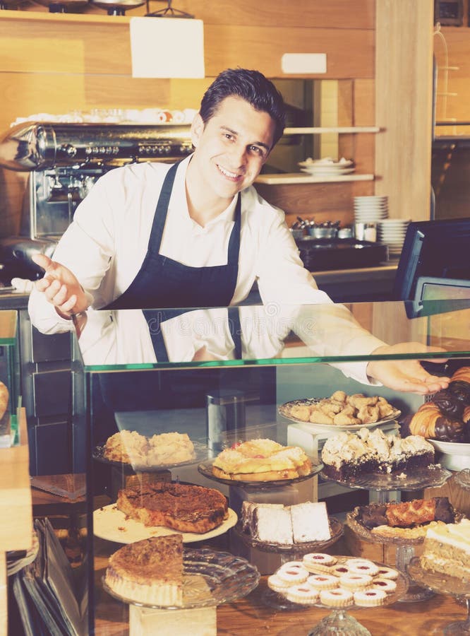 Hospitable Man with Delicious Cream Pies Stock Photo - Image of ...