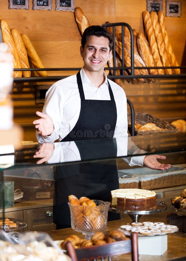 Hospitable Man with Delicious Cream Pies Stock Photo - Image of bakery ...