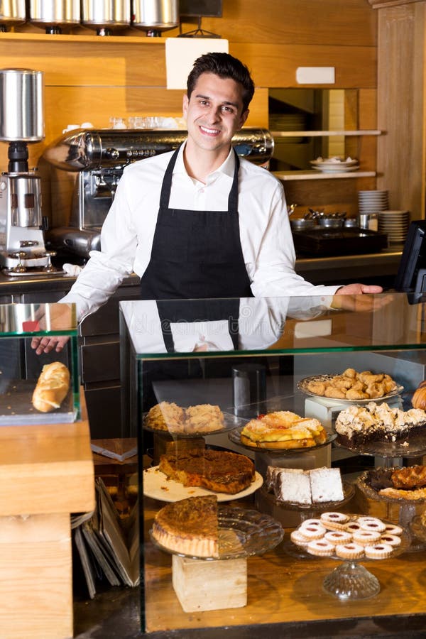 Hospitable Man with Delicious Cream Pies Stock Photo - Image of ...