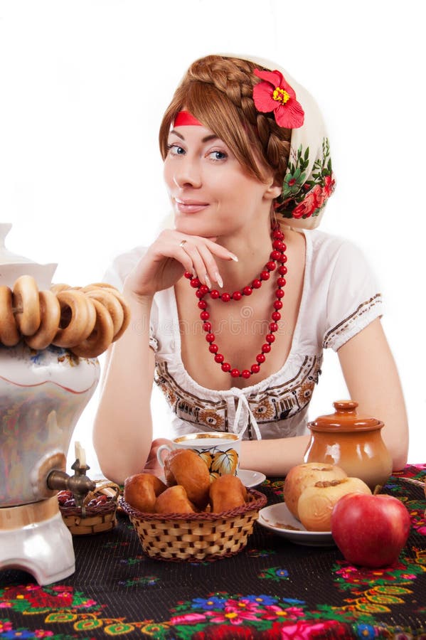 Russian Woman Drinking Tea With Samovar Stock Image Image Of Ornate