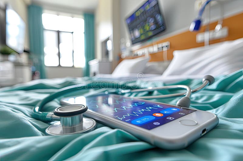 A Hospital Bed Featuring a Table, a Mobile Phone, and a Stethoscope on ...