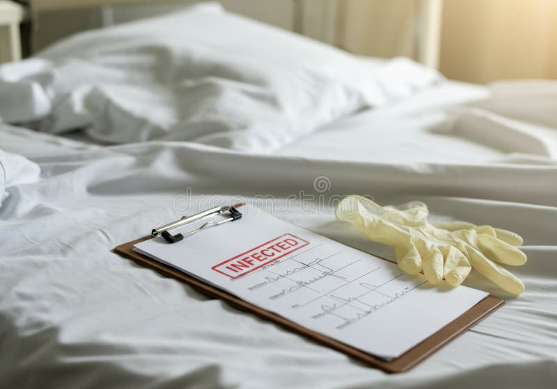 Hospital Bed with Infected Patient File and Gloves in Sunlight Stock ...