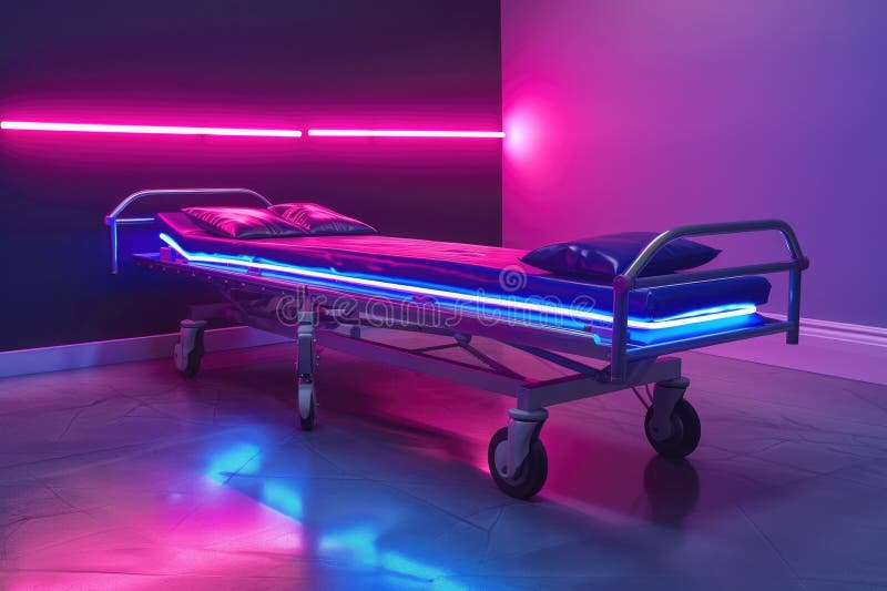 A Hospital Bed with Neon Lights in a Room Stock Image - Image of design ...