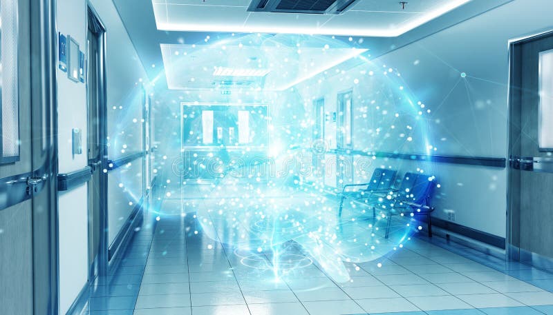 Hospital Blue Corridor with Digital Xray Brain Floating in Dots ...