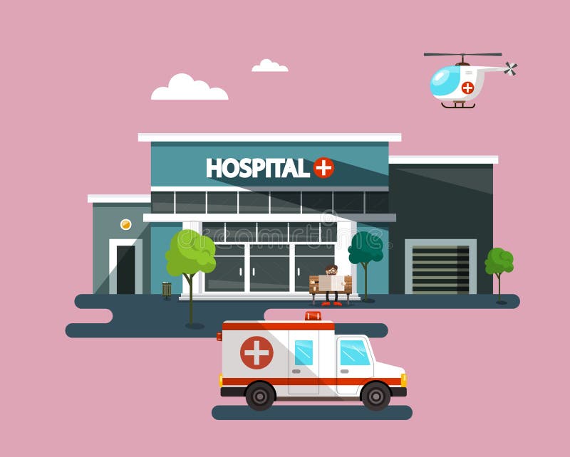 Hospital Building with Ambulance Car. Flat Design Illustration Stock ...
