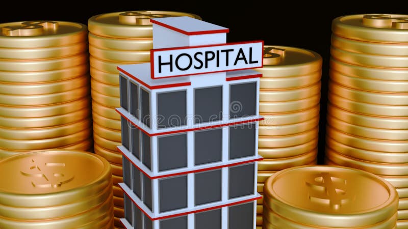A Hospital Building and Stack of Golden Coins Stock Illustration ...