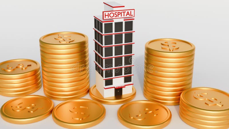 A Hospital Building and Stack of Golden Coins Stock Illustration ...