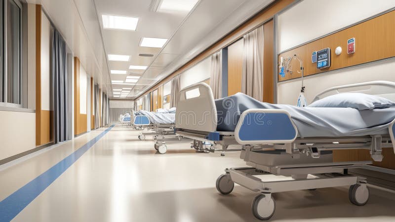 Hospital Corridor with Bed in Patient Rooms 3D Render Stock ...