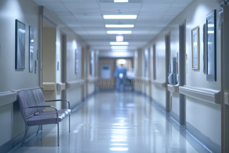 A Hospital Corridor with a Bench and Blurred Figures in the Background ...